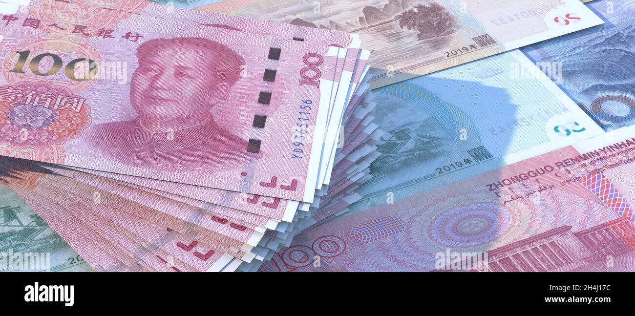 Chinese paper currency, Yuan renminbi bill banknotes background. China ...