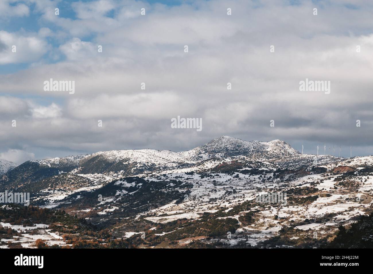 Winter mountain scenery. Top view from Mega Spileon Monastery. Popular ...