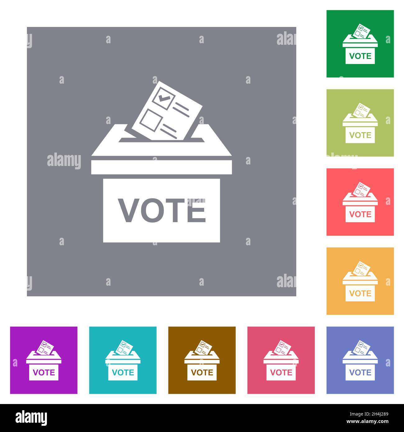 Voting paper and ballot box solid flat icons on simple color square ...
