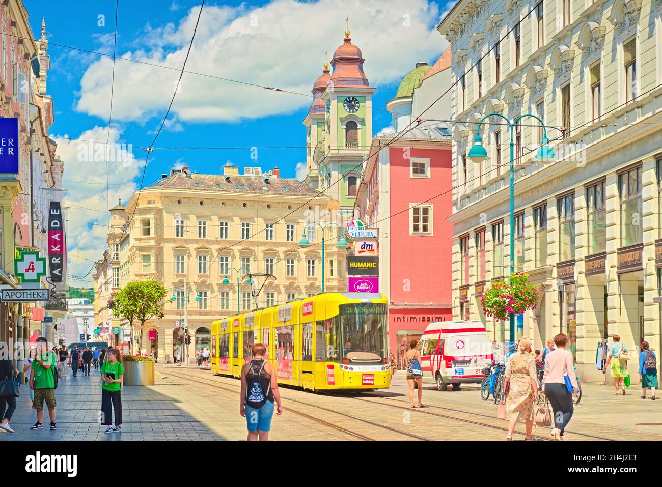 Linz - June 2020, Austria: view of the main street with walking people ...