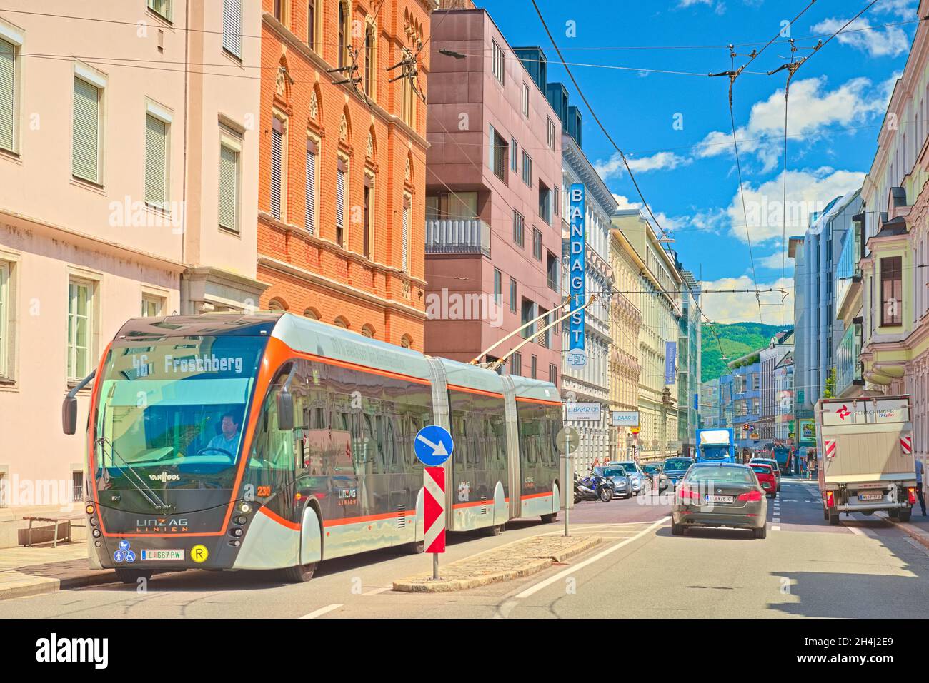 Linz - June 2020, Austria: View of a modern next-generation trolleybus ...