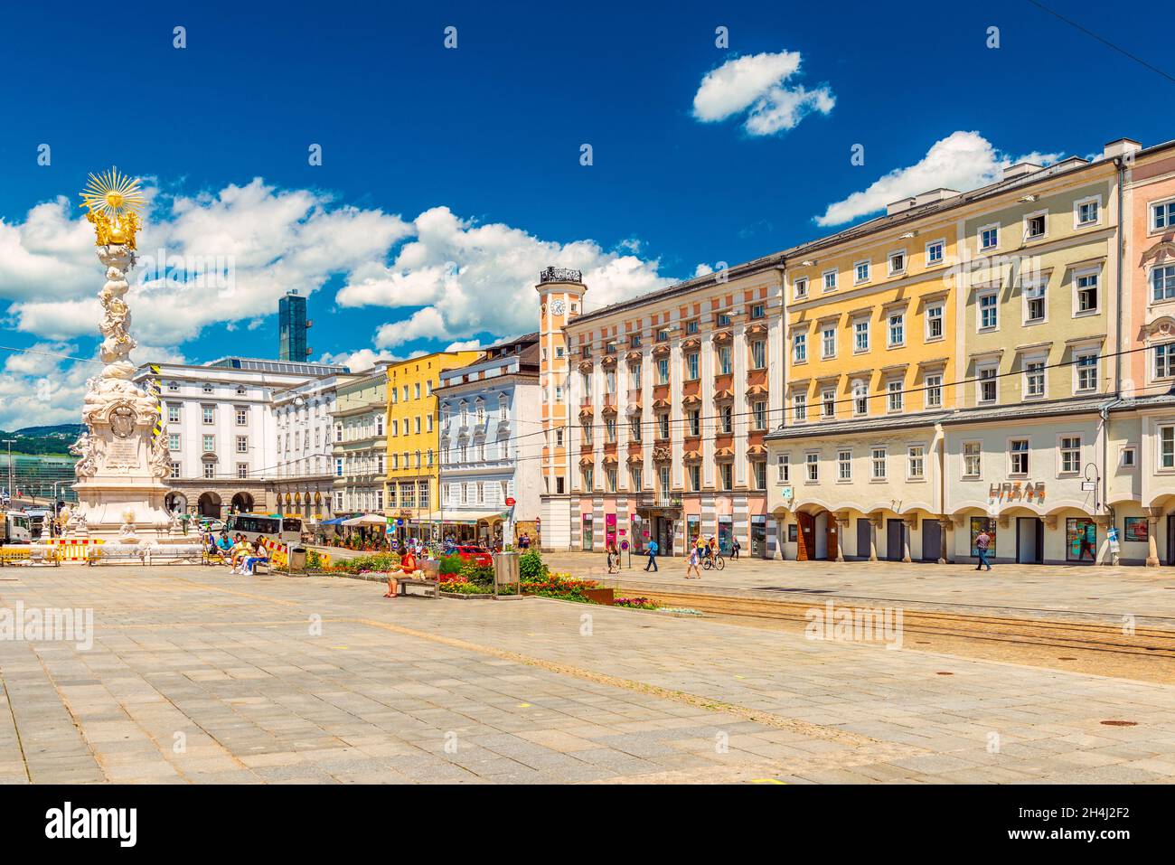 Linz - June 2020, Austria: View of the main square of Linz with ...