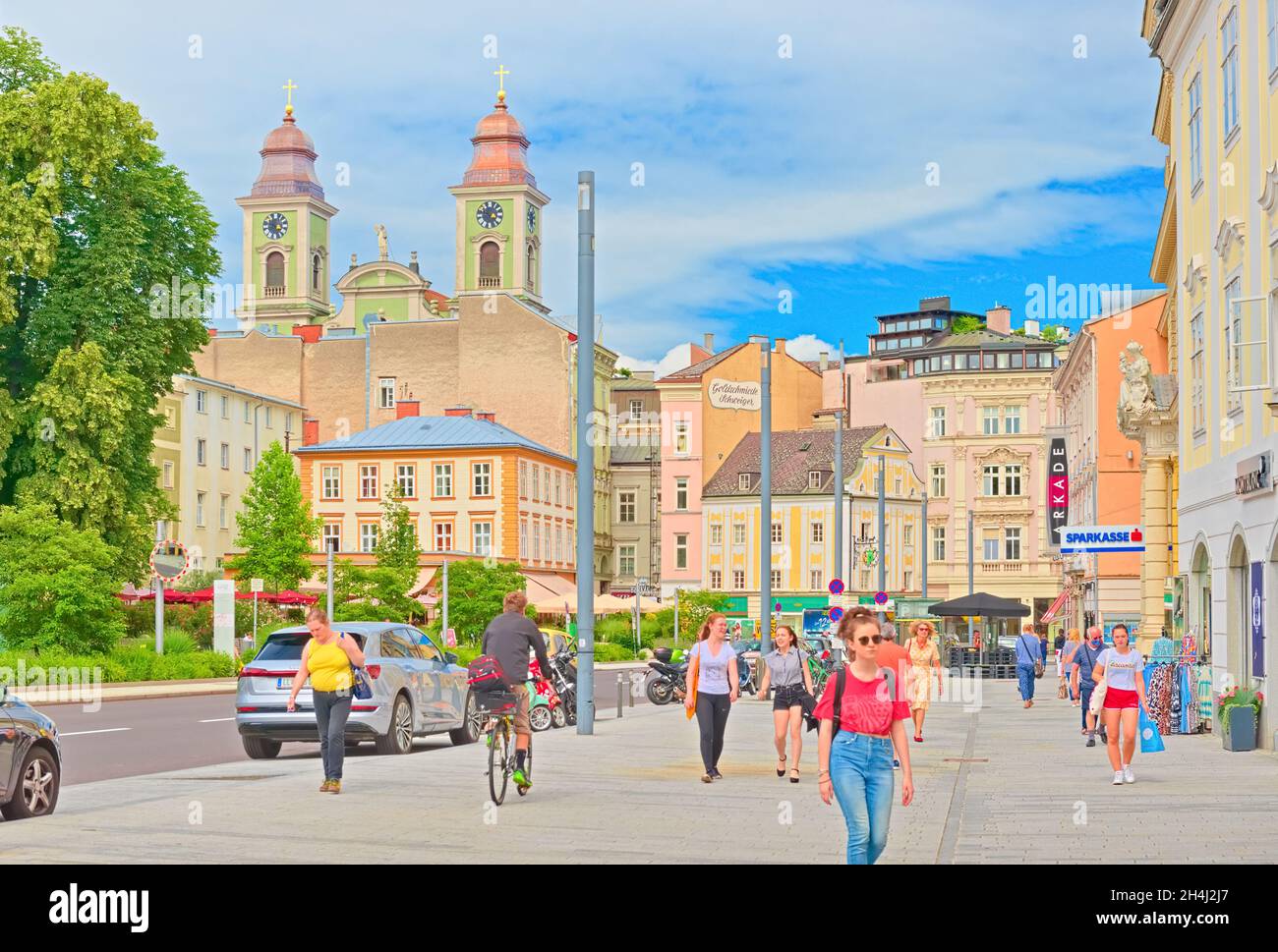 Linz - June 2020, Austria: View of Linz city center with people walking ...