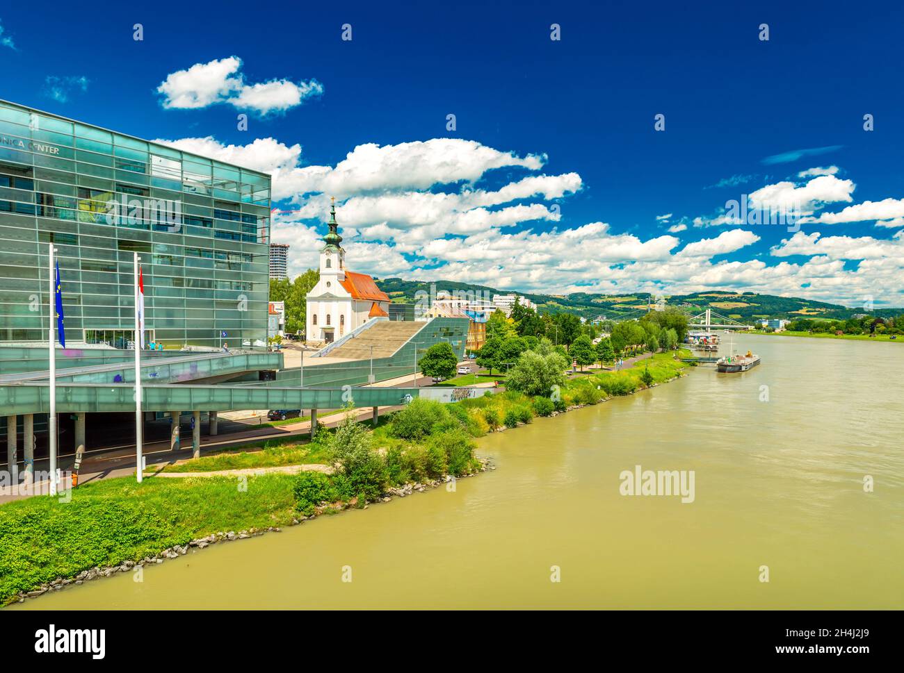 Linz - June 2020, Austria: View of the Danube river in Linz Stock Photo ...
