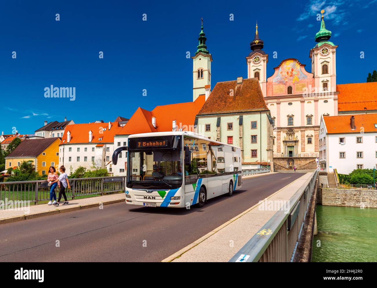 Steyr - June 2020, Austria: View of the Steyr Bridge with a modern bus ...