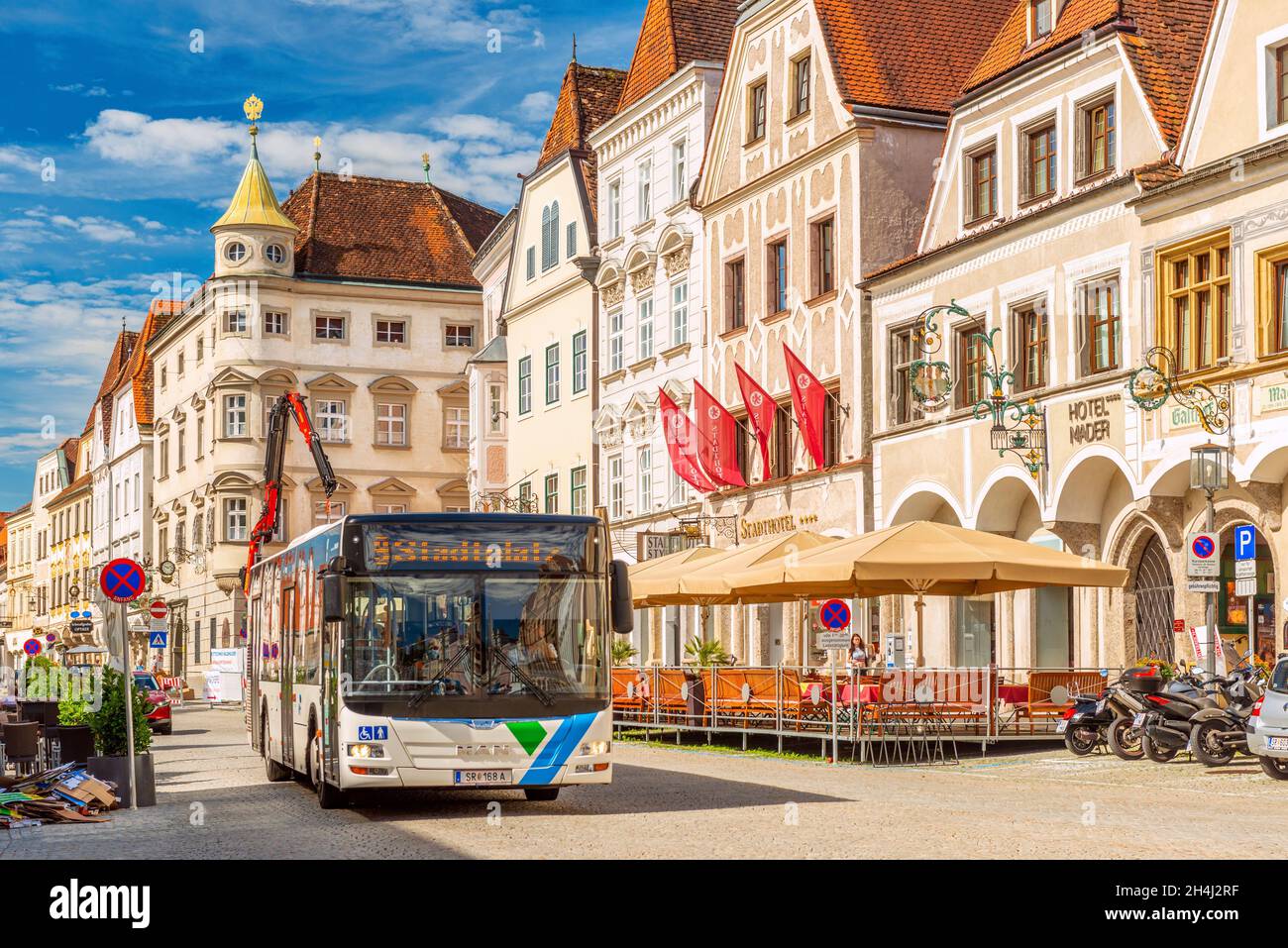 Steyr - June 2020, Austria: A modern bus is driving in the city center ...