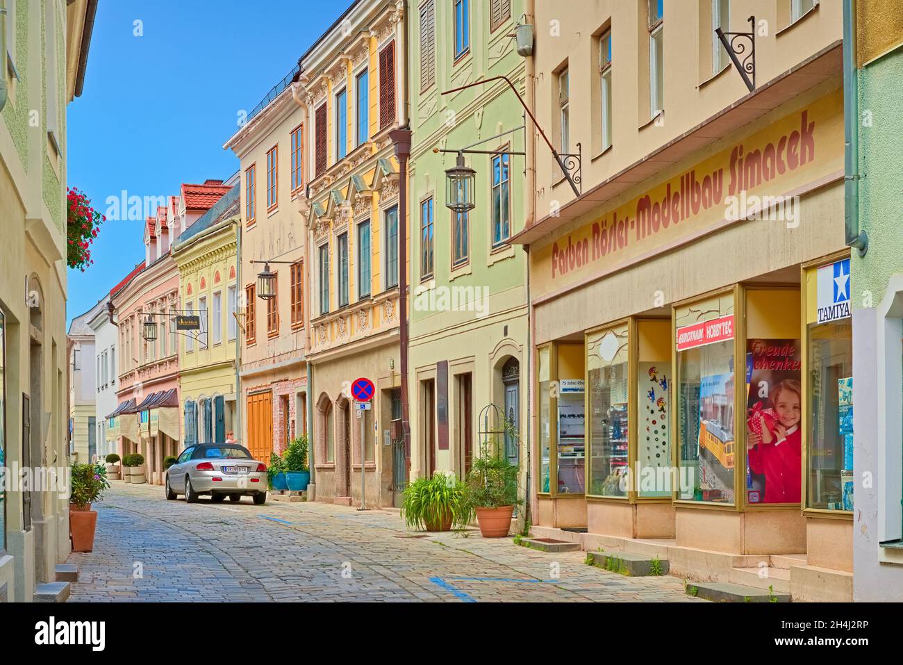 Steyr - June 2020, Austria: View of a narrow street with colorful ...