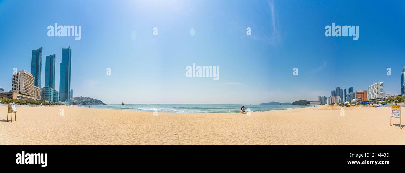 Panoramic shot of a sunny beach and East Sea from Haeundae-gu in Busan ...