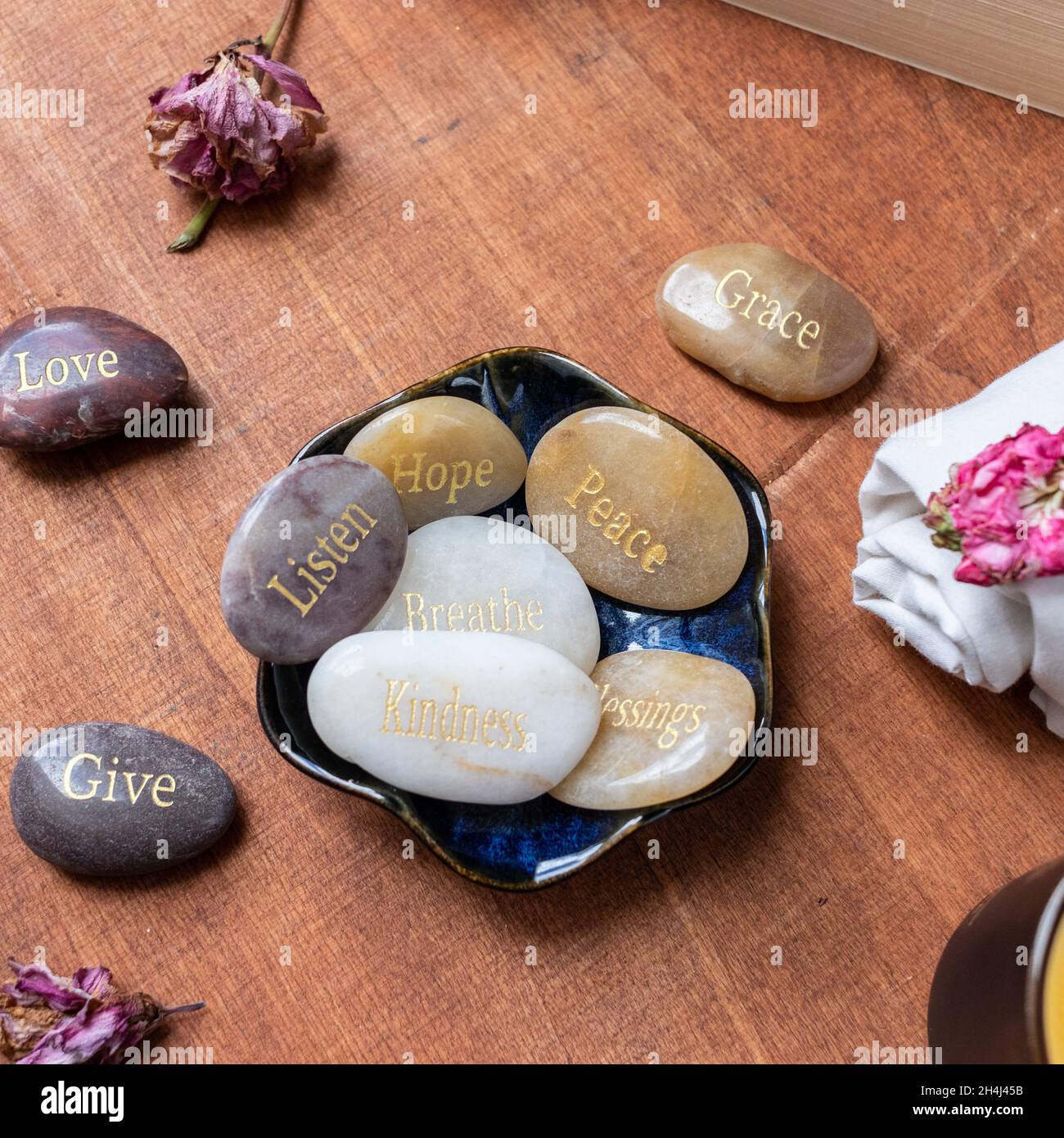 Motivational inspirational stones with writings. Serenity, gratitude ...