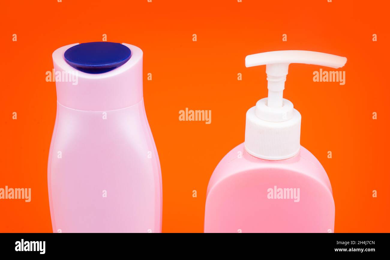 For shampoo and bodywash. Refillable bottles closeup. Bottles with flip ...