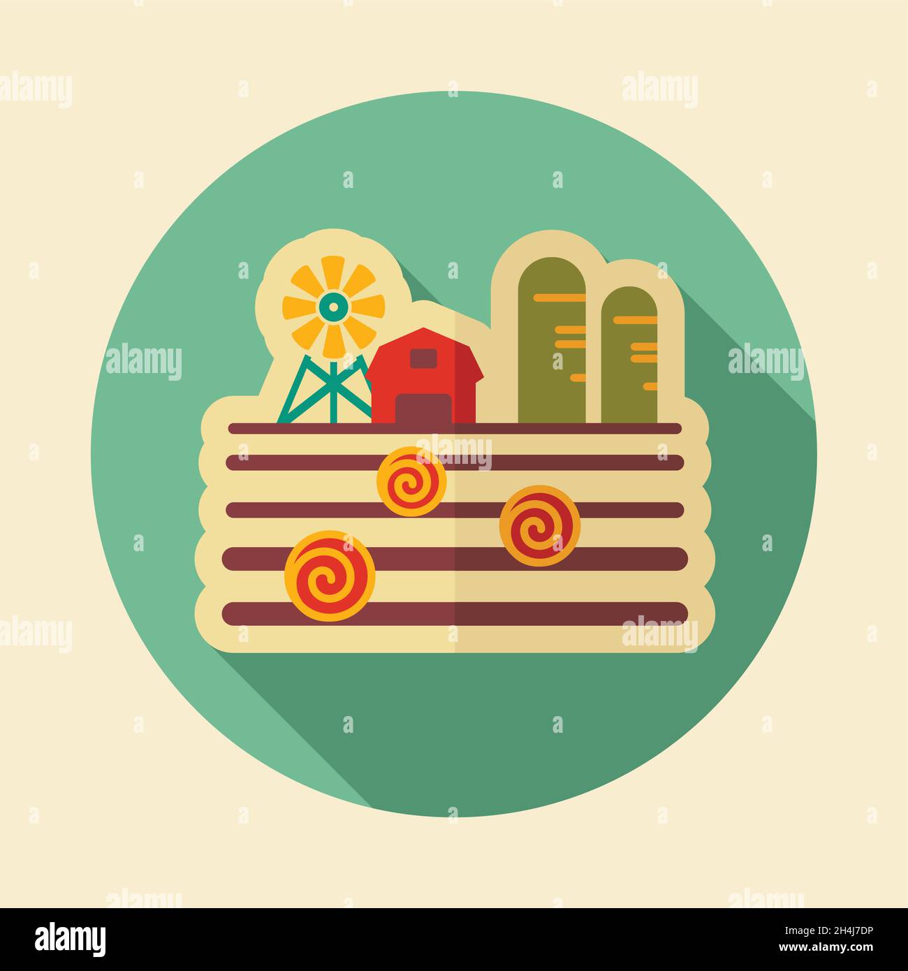 Farm landscape with barn, windpump, haystack and granary icon ...