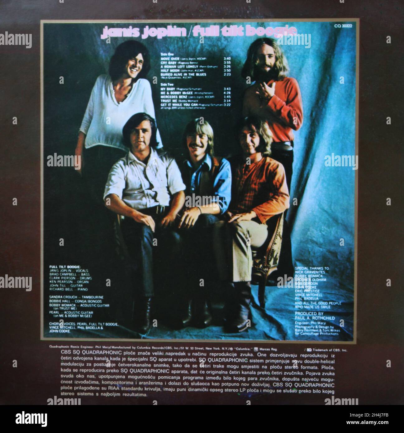 Janis Joplin: 1973. LP Quadraphonic back cover: Pearl Stock Photo - Alamy