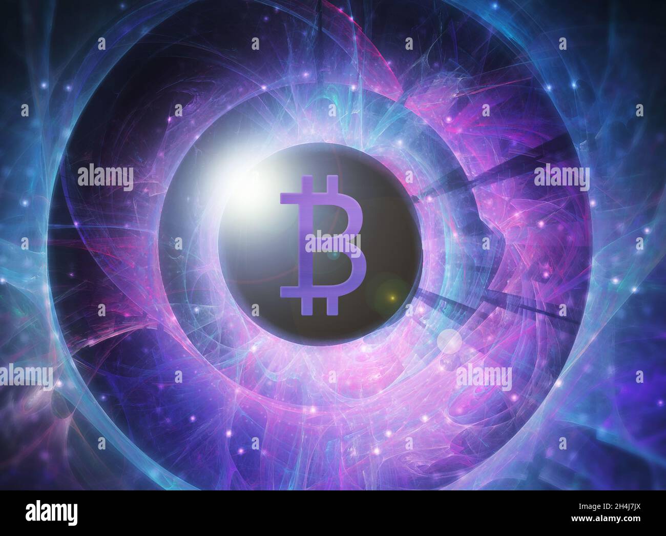 A cryptocurrency concept. Of the bitcoin symbol. With a quantum ...