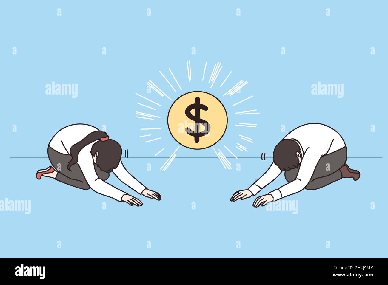 Businesspeople worship dollar coin symbol. Man and woman have prayer ...