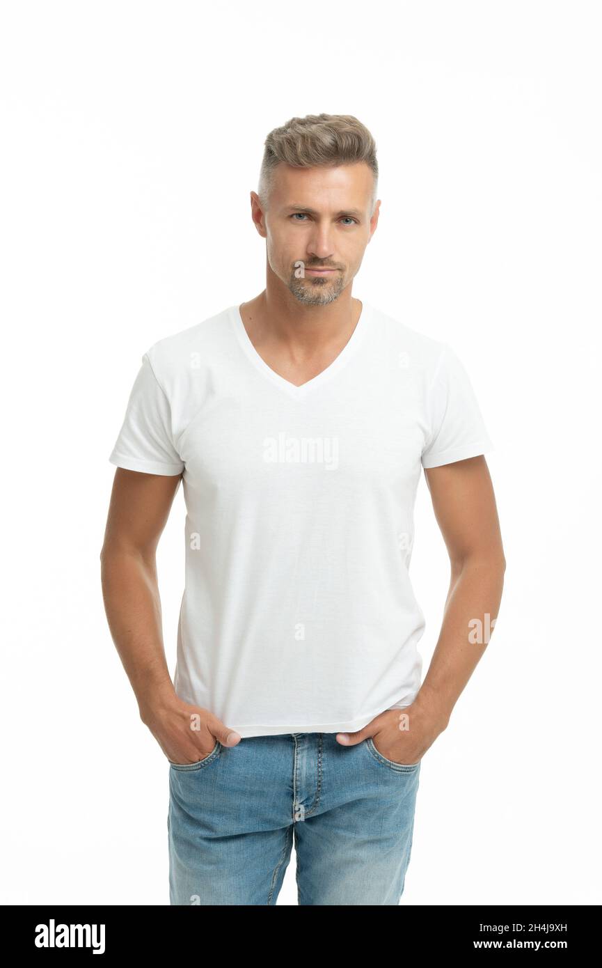 Hey, dude. Dude isolated on white. Handsome man in white tshirt ...