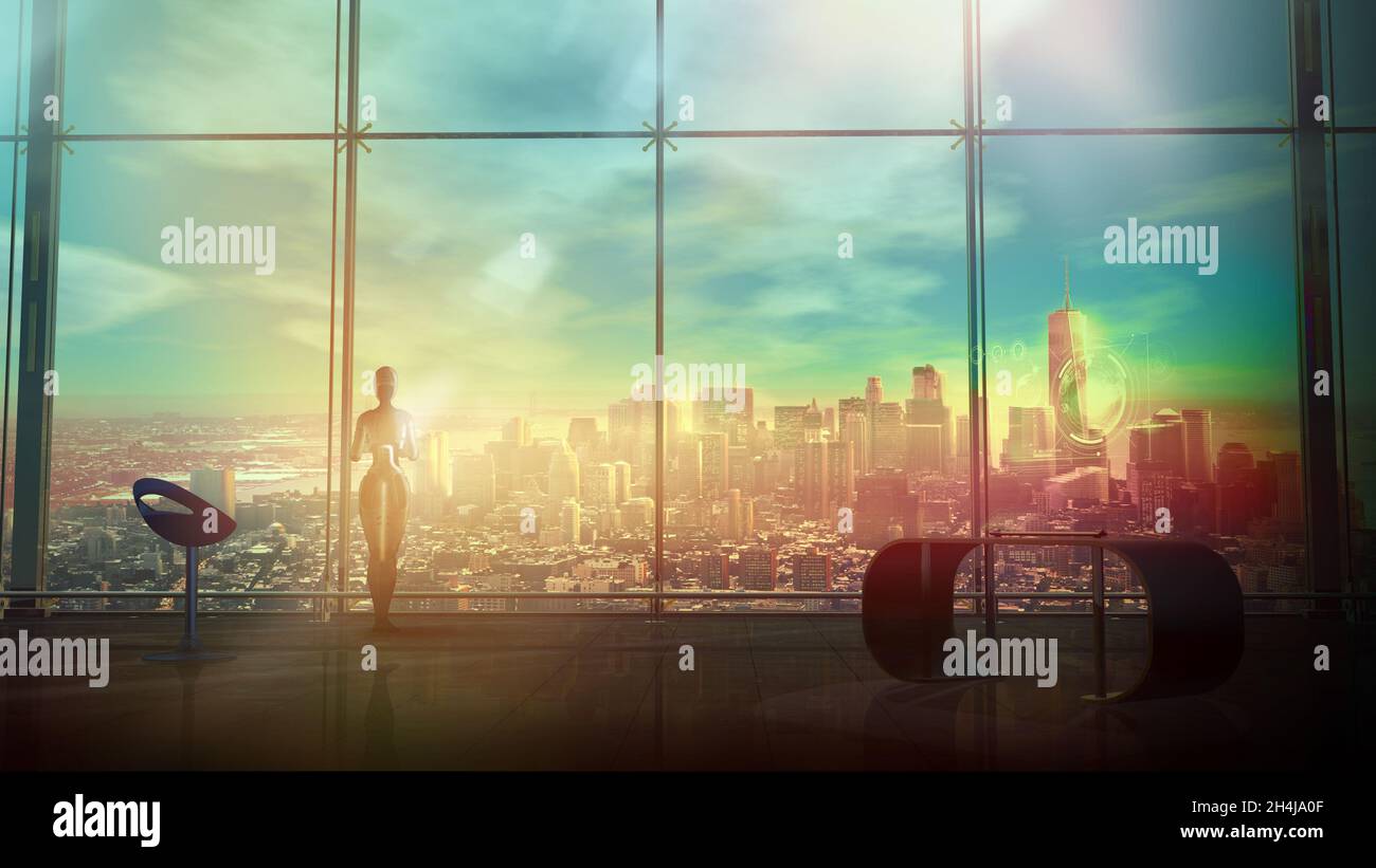 Sci-fi scene with an android working in a futuristic office, 3D render ...