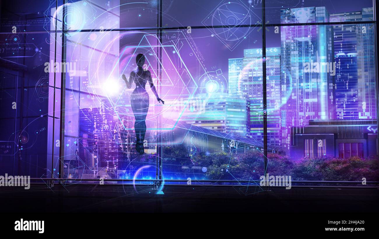 The flying android works with the interface of the future, 3D render ...