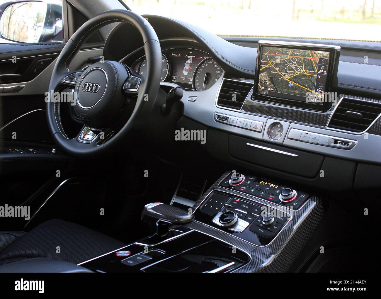 Kiev, Ukraine; April 10, 2014. Audi S8. Car dashboard, illuminated ...