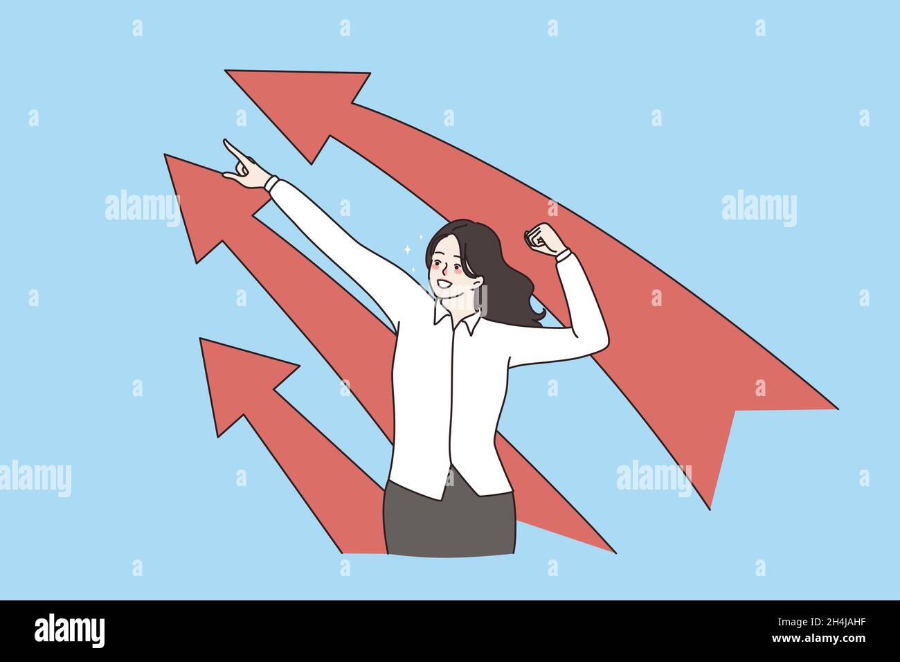 Excited young businesswoman show up arrow face in air celebrate ...