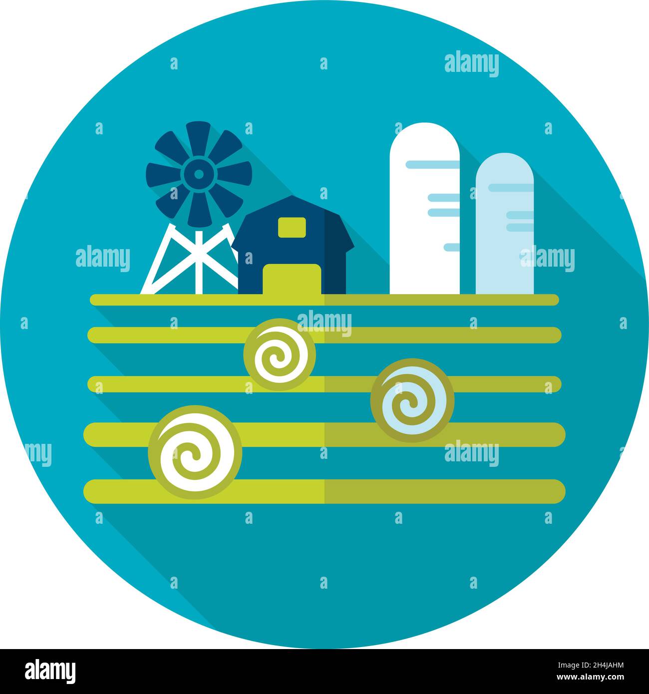 Farm landscape with barn, windpump, haystack and granary icon ...