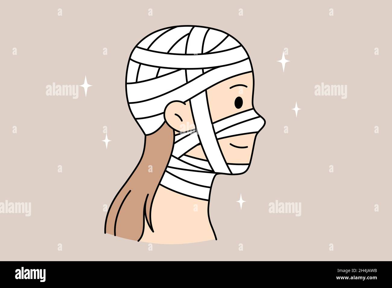 Head injury and healthcare concept. Head of young smiling woman cartoon character side view ...