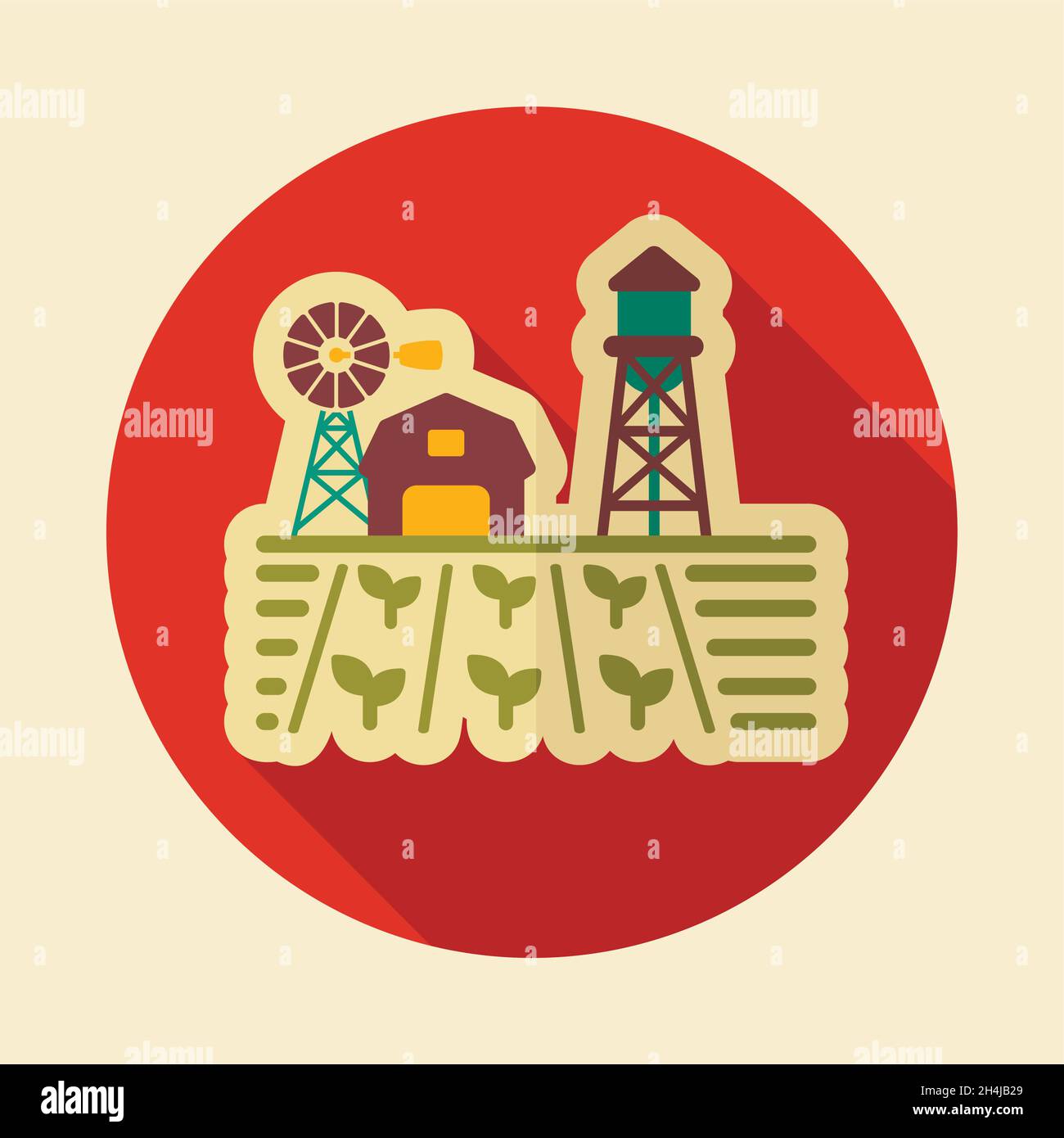 Farm landscape with barn, windpump, seedling and water tower icon ...