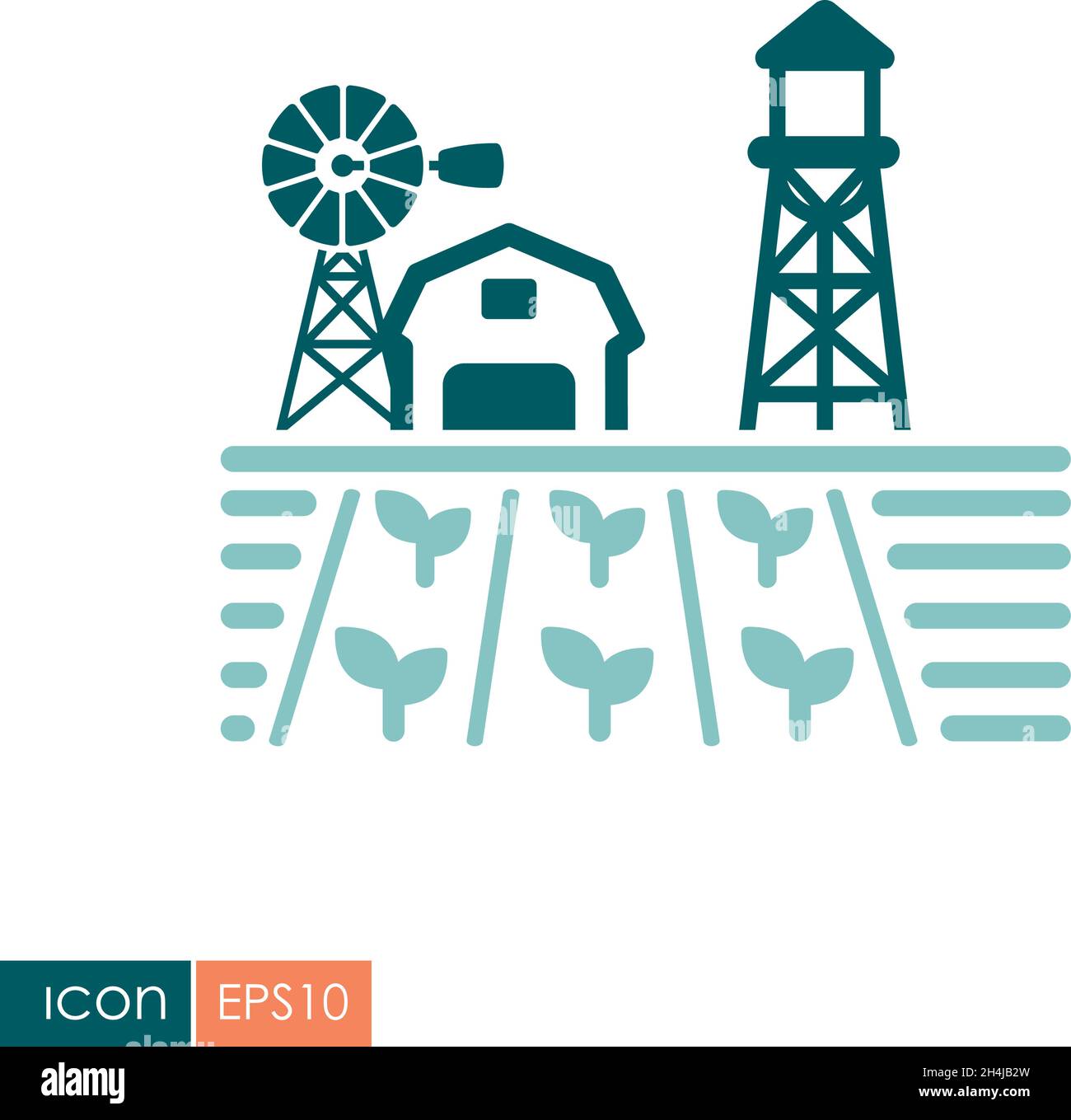 Farm landscape with barn, windpump, seedling and water tower icon ...