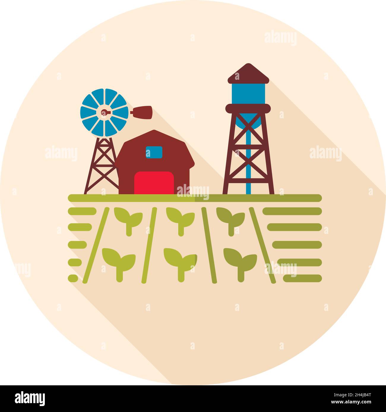 Farm landscape with barn, windpump, seedling and water tower icon ...