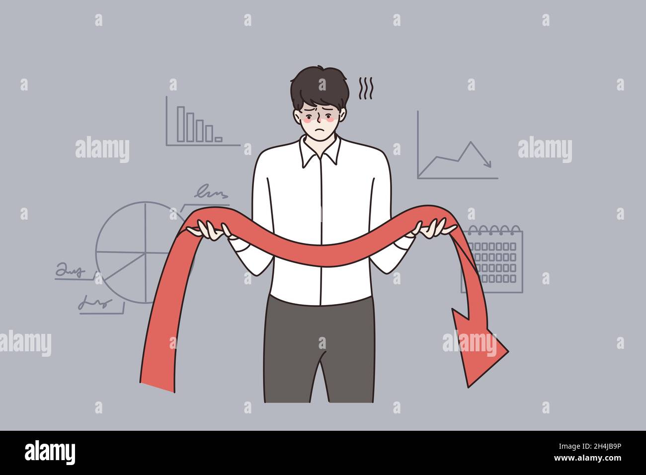 Unhappy businessman hold arrow facing down distressed with business ...