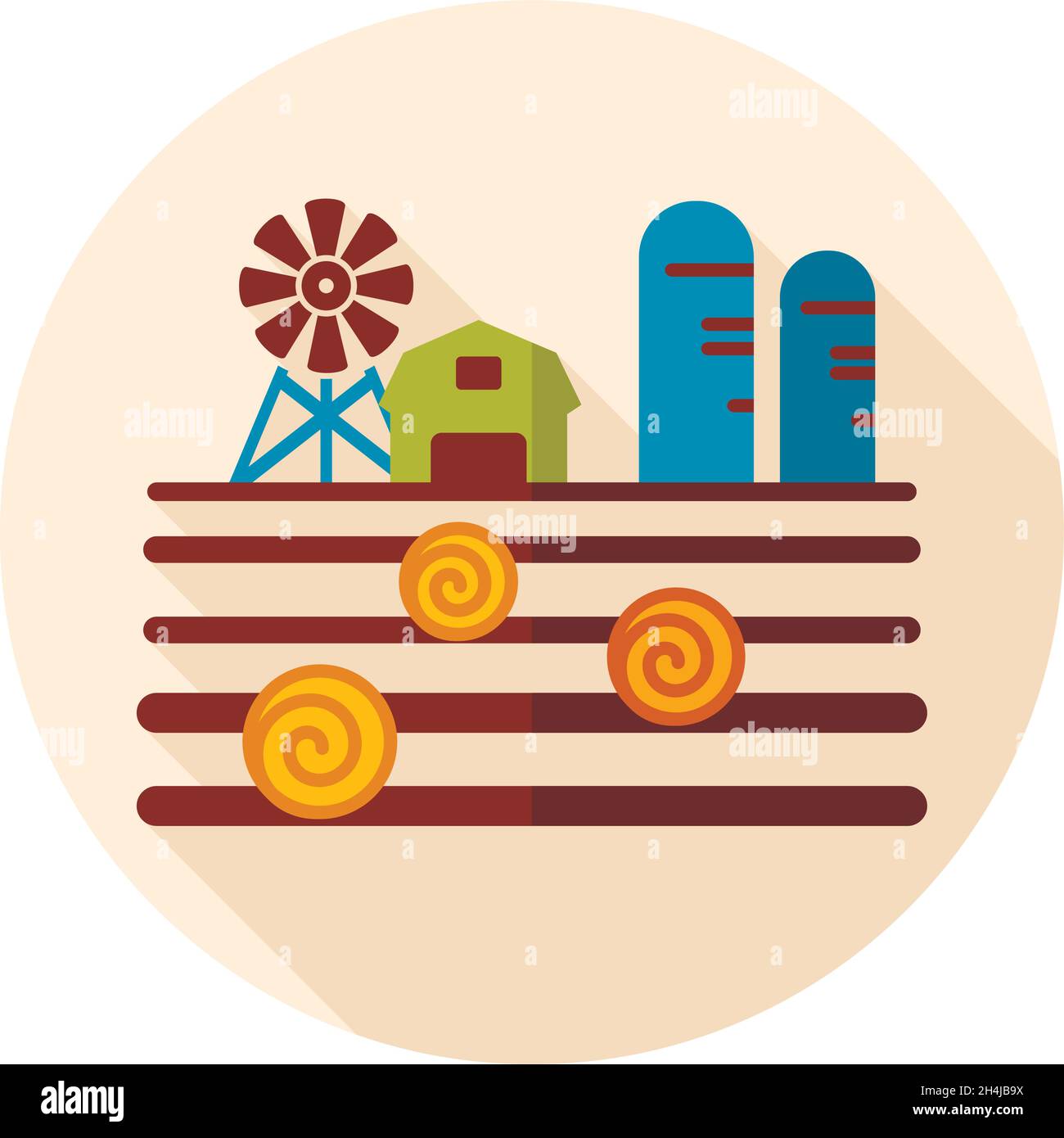 Farm landscape with barn, windpump, haystack and granary icon ...