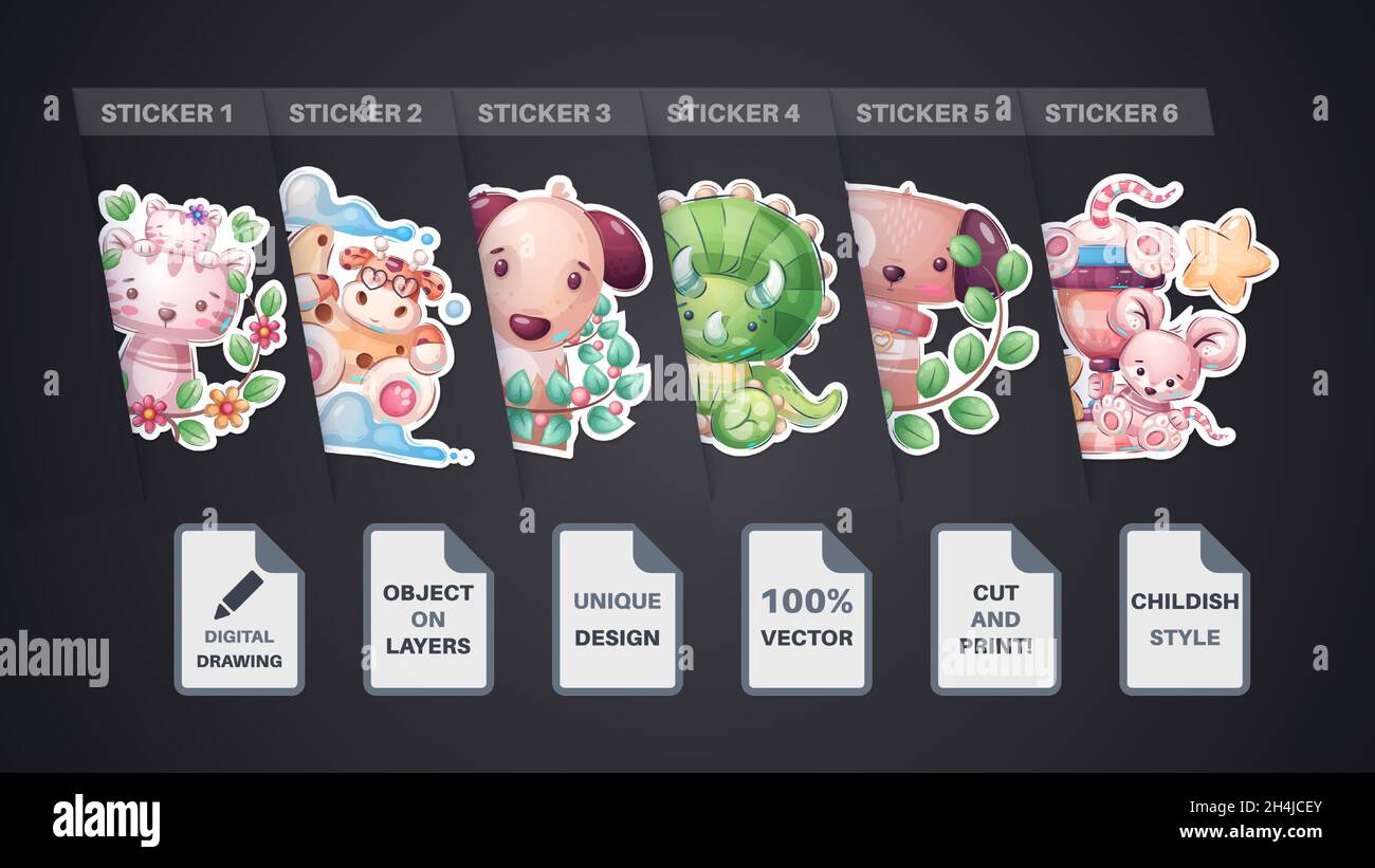 Set sticker - mouse, dog, puppy, dino, cat, kitty, giraffe, moon Stock ...