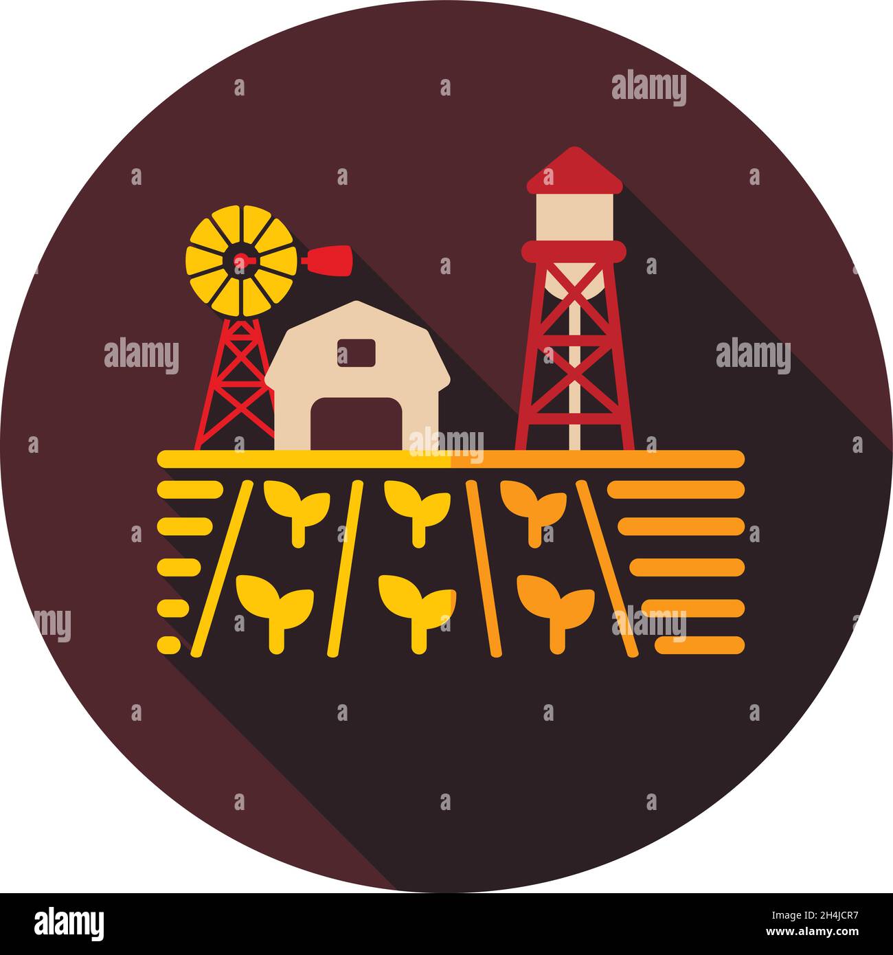 Farm landscape with barn, windpump, seedling and water tower icon ...