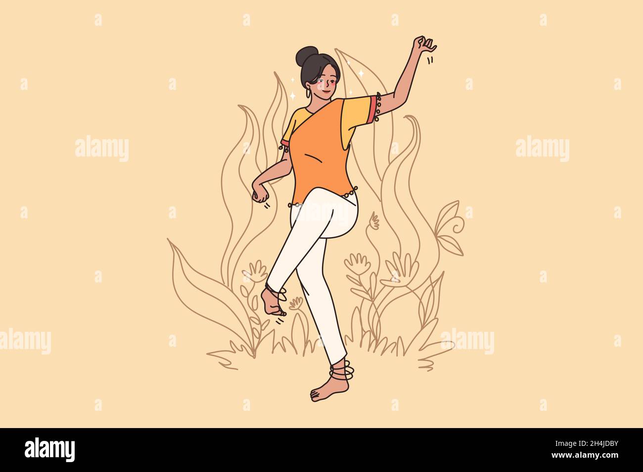 Happy young woman dancer in Indian clothes enjoy traditional dance ...