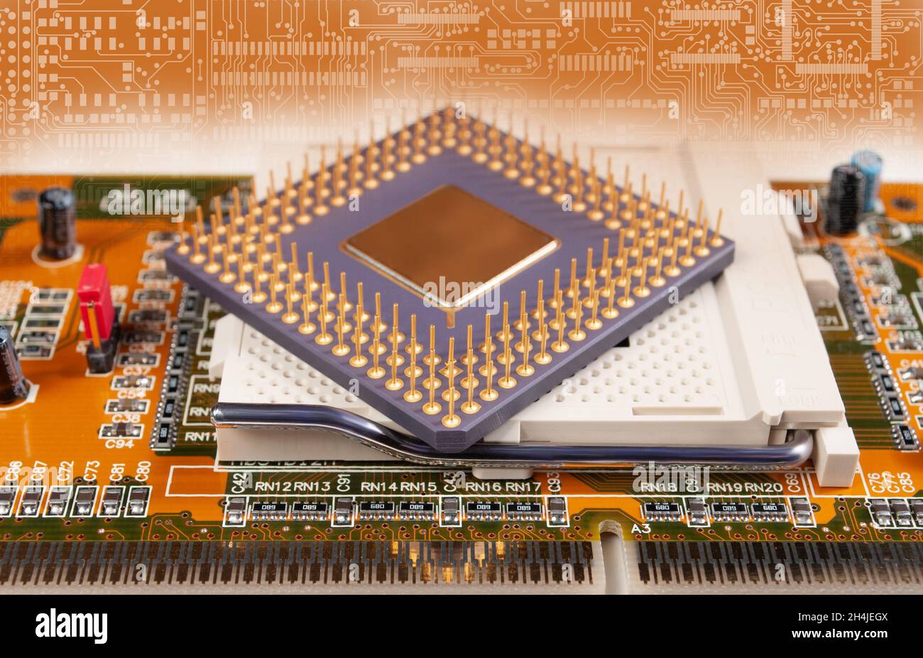 printed circuit board with PGA socket and central processor unit close ...
