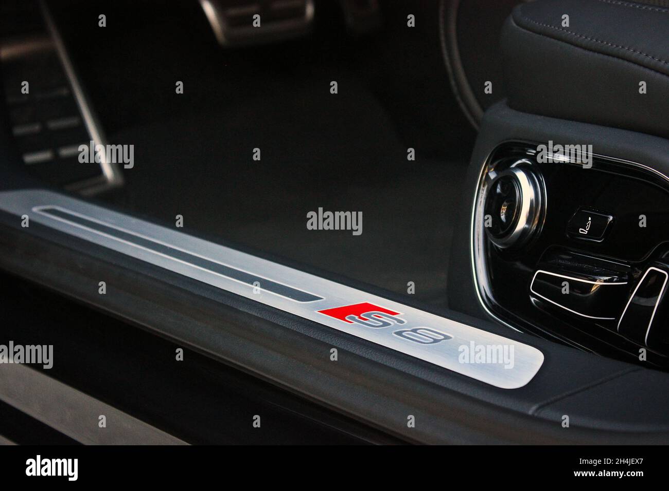 Kiev, Ukraine - April 10, 2014. Logo Audi S8. Car interior luxury ...