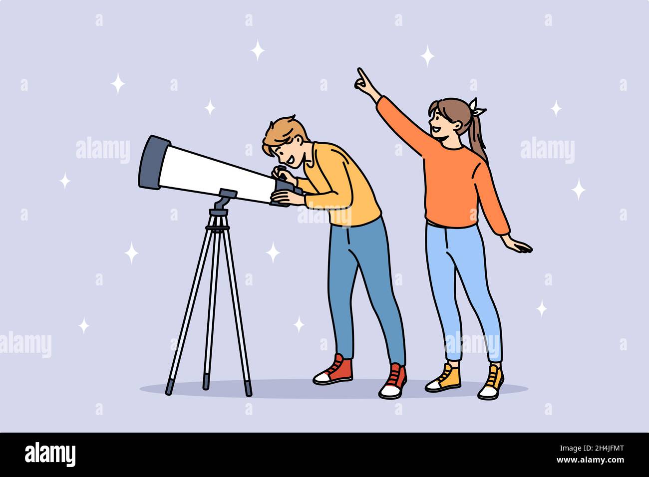 Astronomy and looking at stars concept. Smiling kids children boy and ...