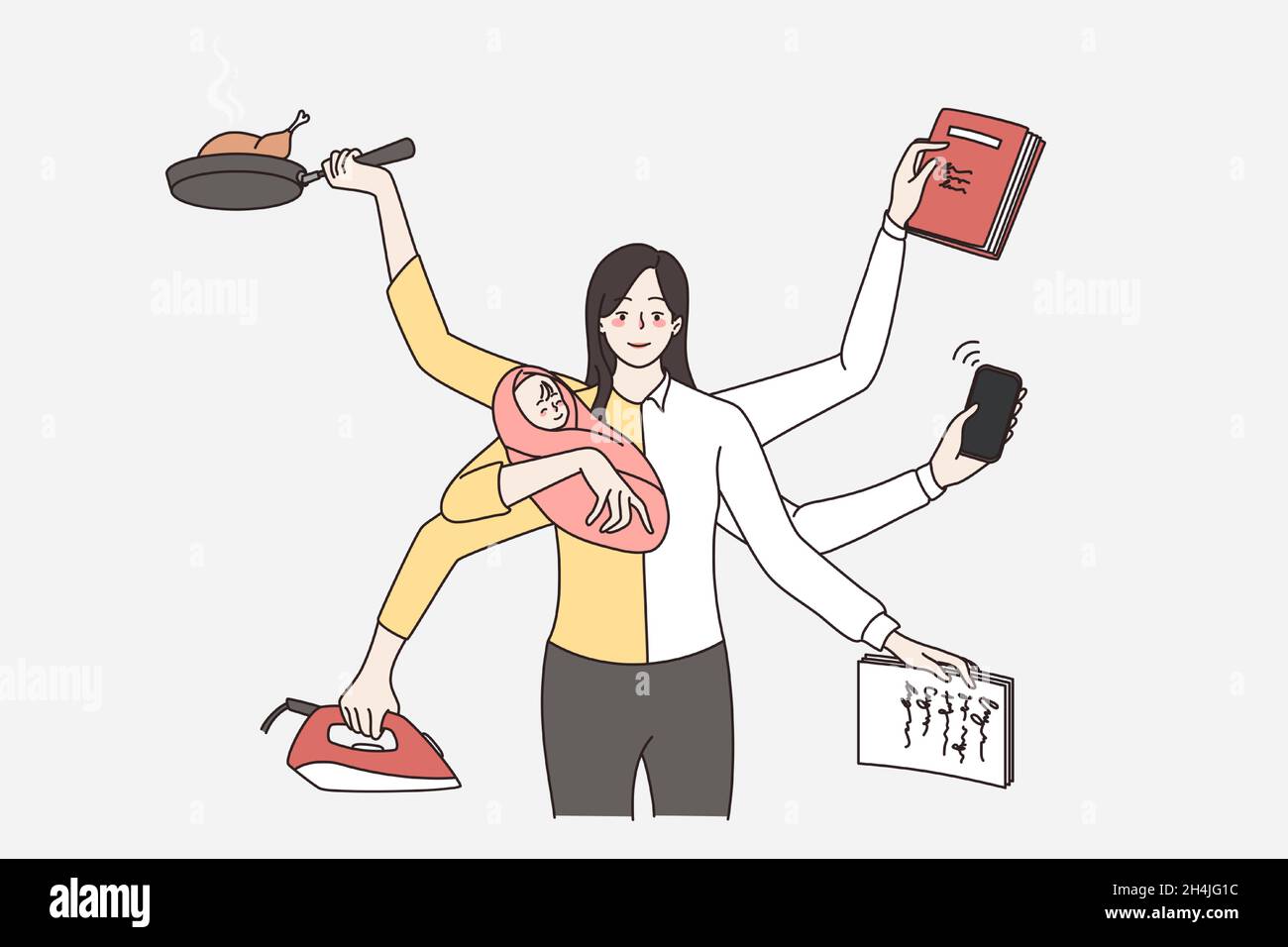 Successful businesswoman and good young mother multitask manage ...