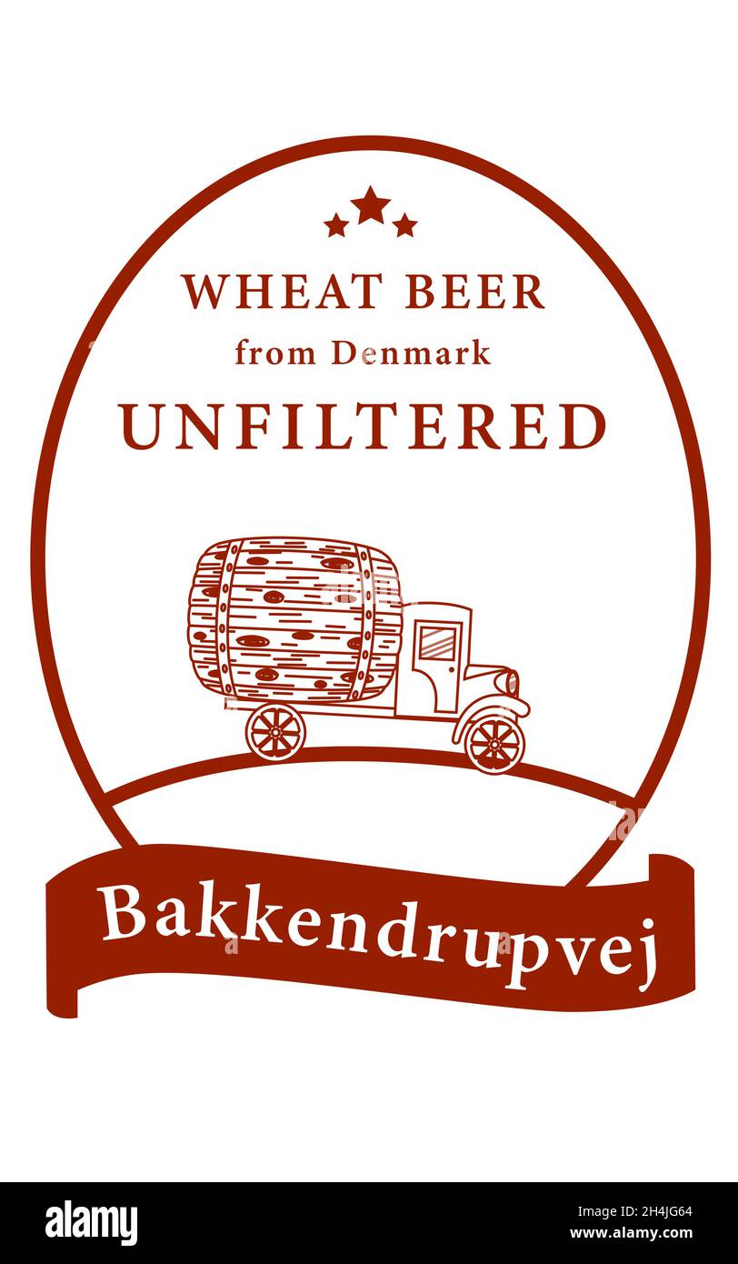 Label for a bottle of beer, a truck with a barrel in an oval sticker ...