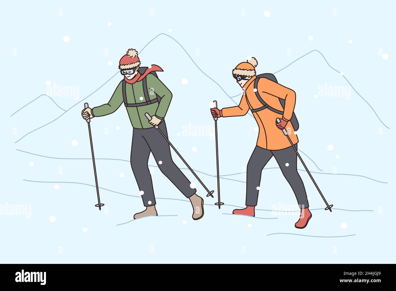 People in winter clothing hike in high mountains. Couple tourists ...