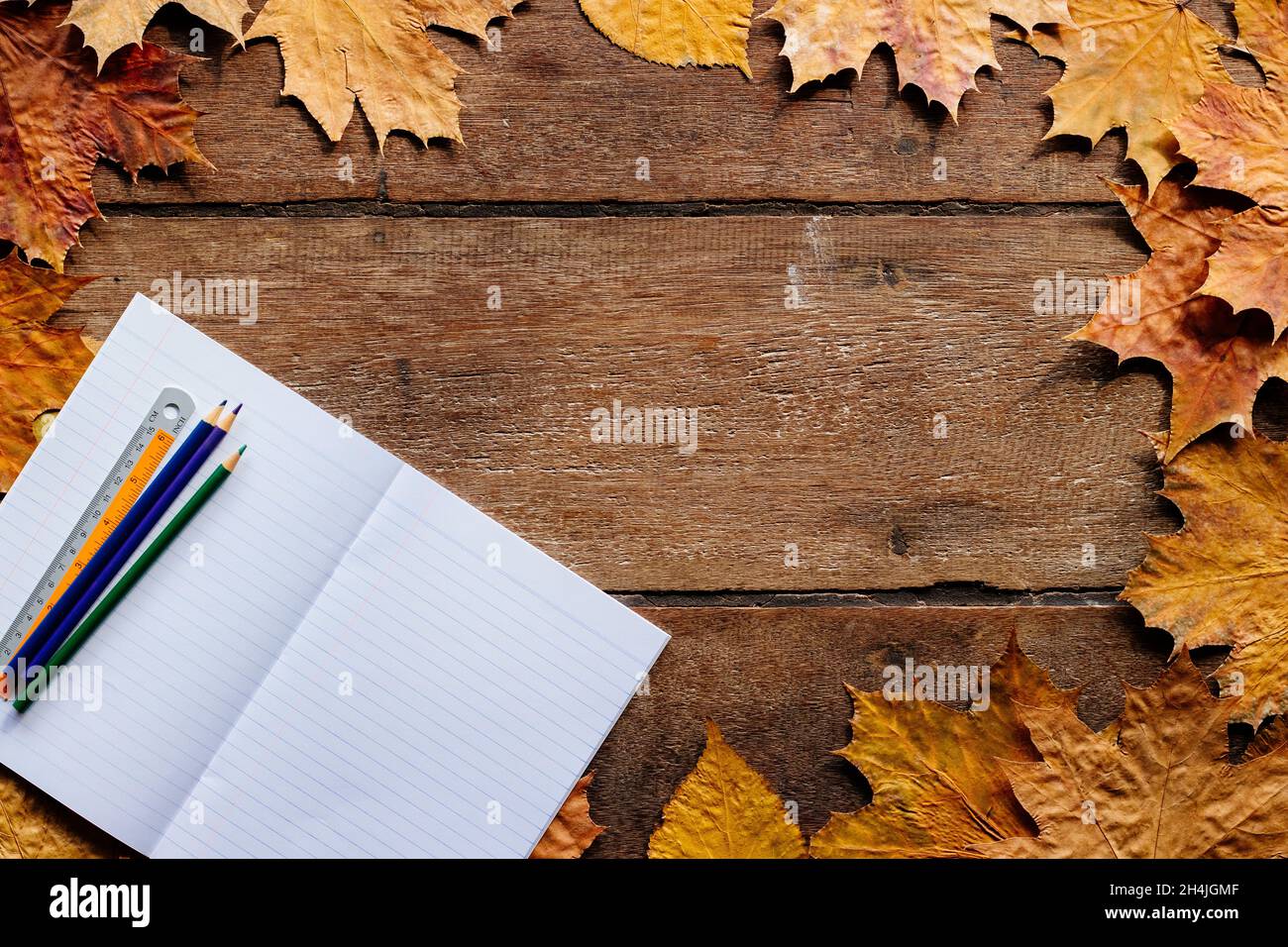 Autumn leaves on wooden background with copy space. Wallpaper for ...
