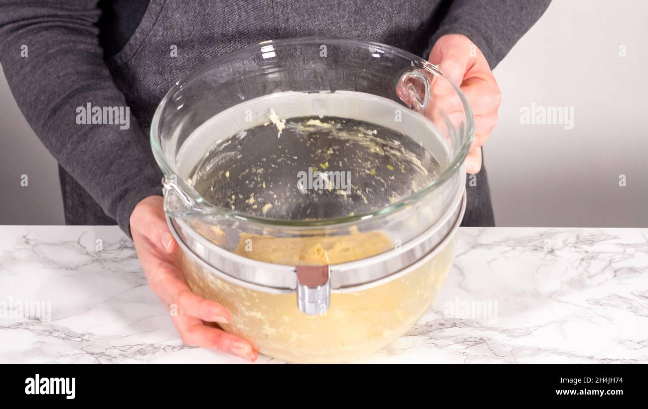 Step by step. Mixing ingredients in kitchen mixer to bake homemade ...