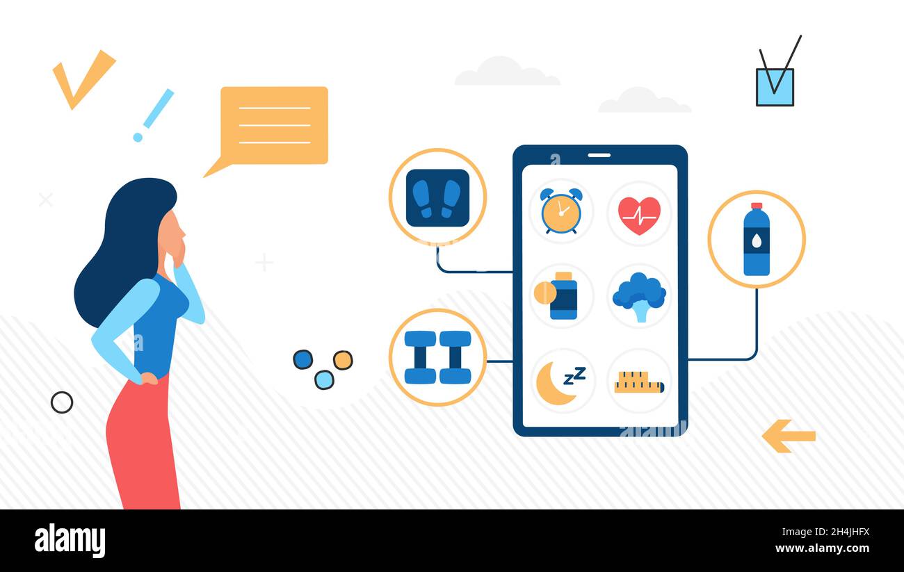 Woman with apps for lifestyle on phone, she monitors health of body ...