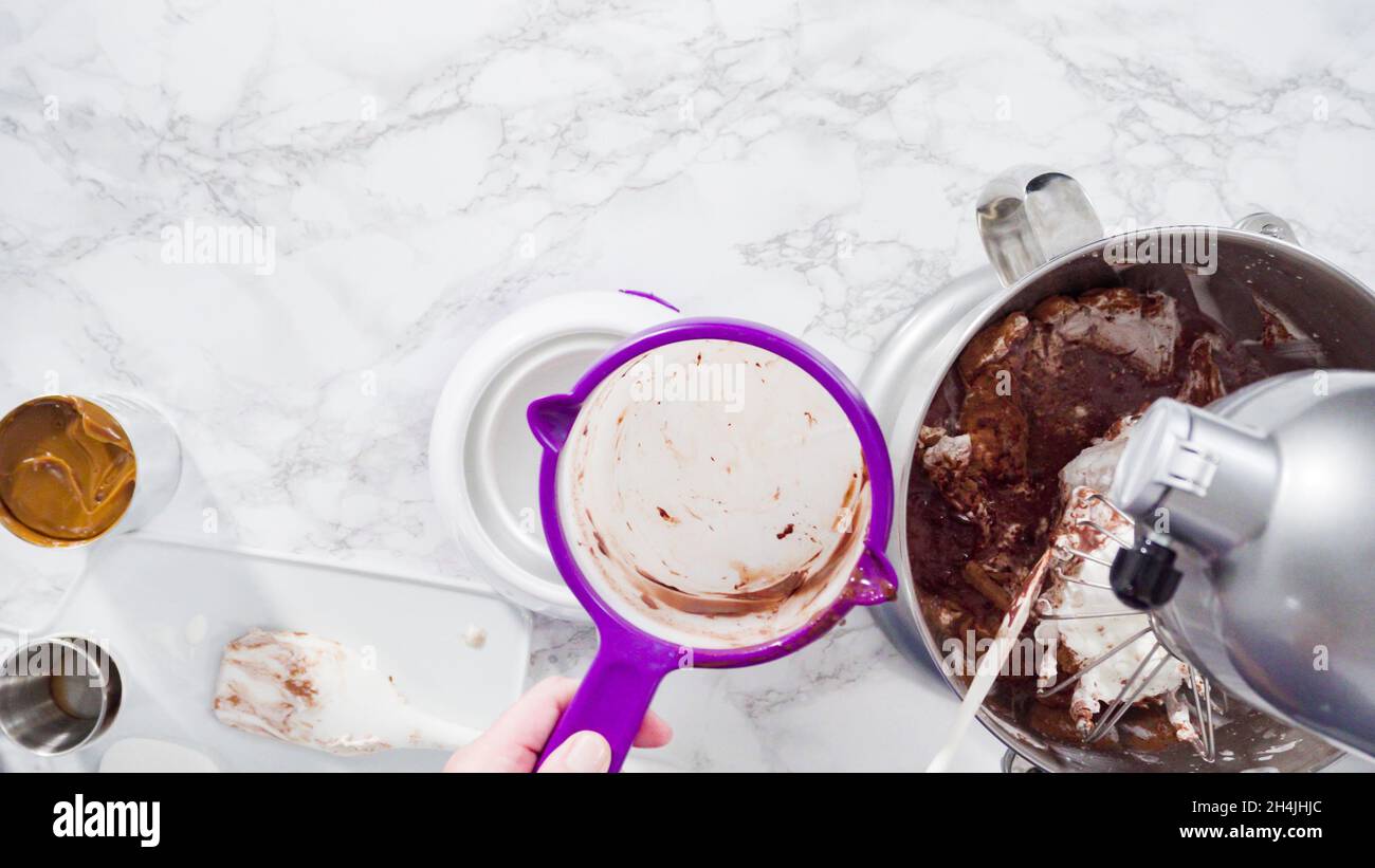 Flat lay. Step by step. Preparing homemade chocolate ice cream in a ...