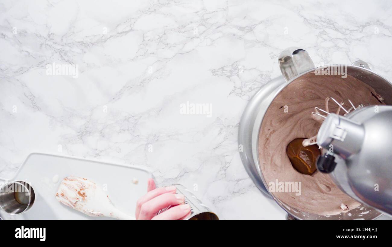 Flat lay. Step by step. Preparing homemade chocolate ice cream in a ...