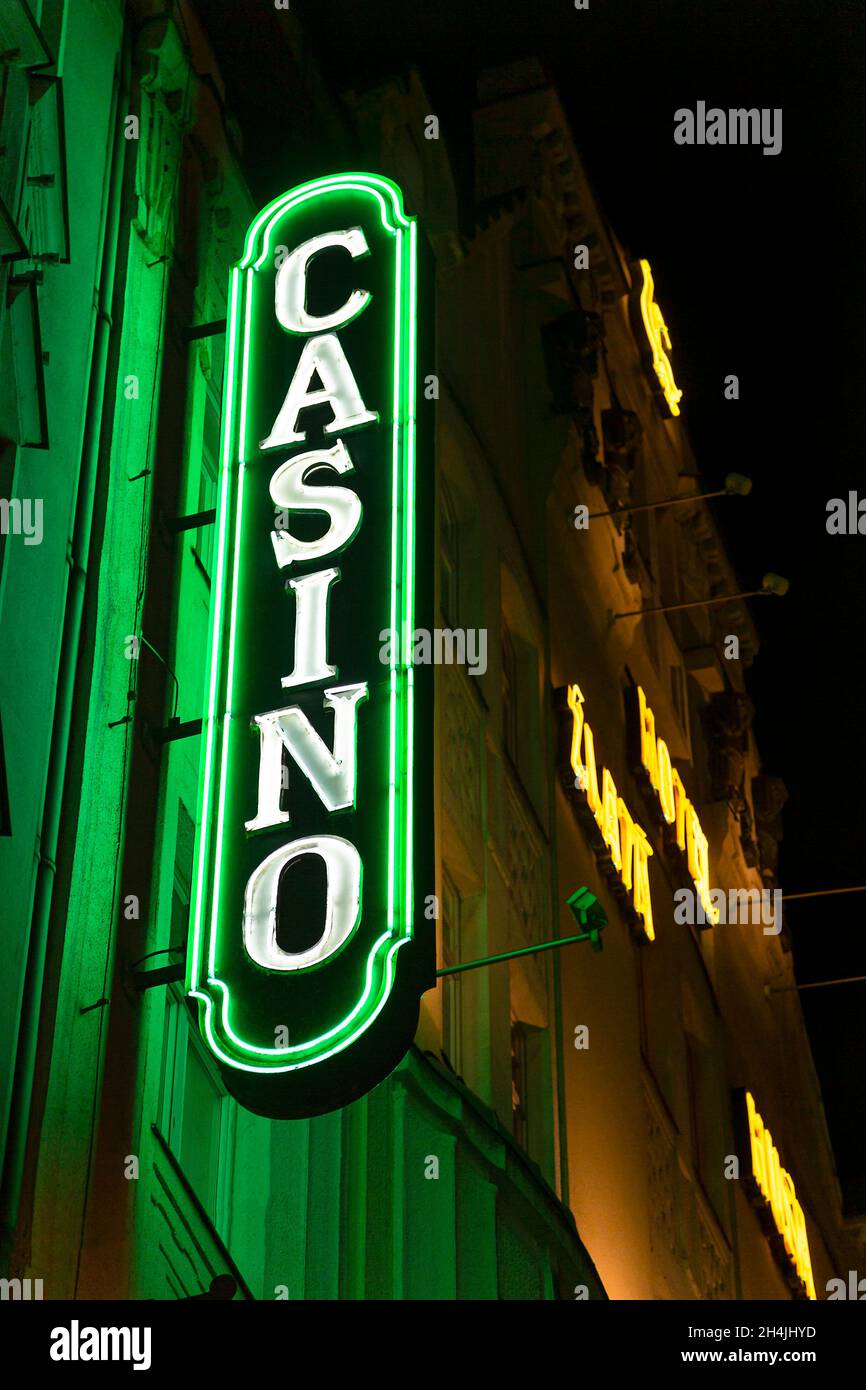 Prague, CZ - 28 october 2021: Prague Nightlife Postcard Neon sign ...