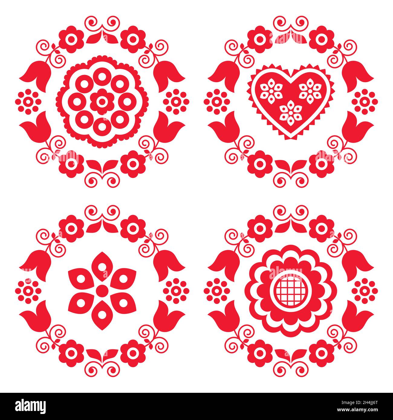 Polish folk art vector mandala design collection with flowers and ...