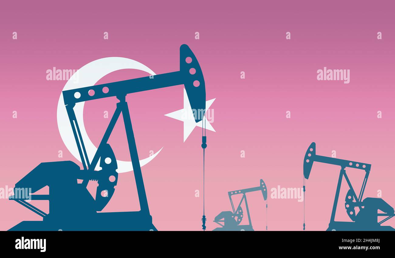 silhouette of the oil pump against flag of Turkey. Extraction grade ...