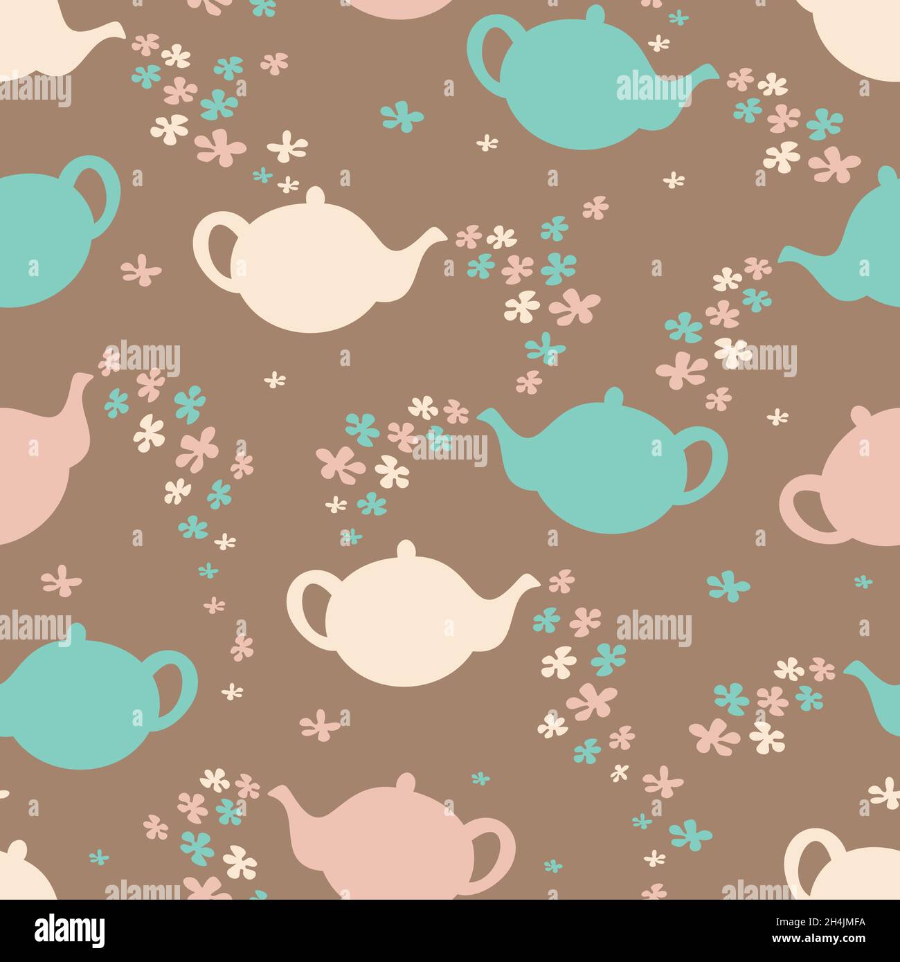 Vector seamless pattern with teapots and flowers. Design with ...