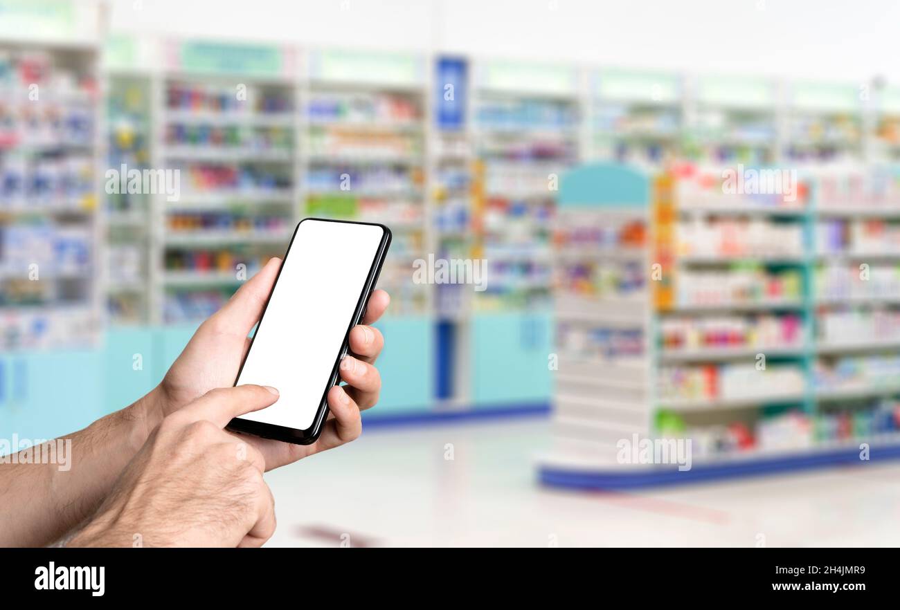 Pharmacy background. Blur counters of pharmacy with medicines, tablets ...