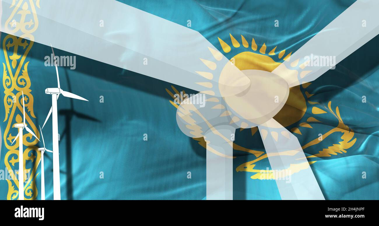 Wind turbines on background of Kazakhstan flag. sustainable development ...